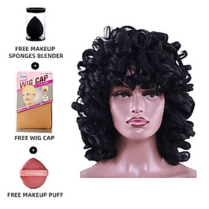 Kavsni Short Curly Wigs for Black Women Soft Black Big Curly Wig with Bangs Afro Kinky Curls Heat Resistant Natural Looking Synthetic Wig for African American Women （Black）
