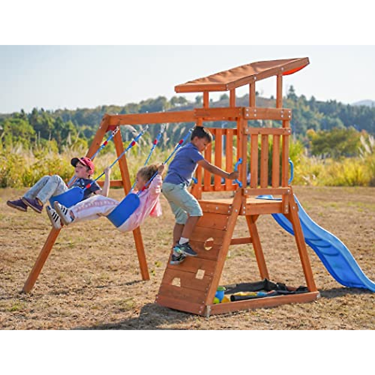 Dolphin Playground Wooden Swing Sets for Backyard with 6FT Slide, Outdoor Playset for Kids with Sand Pit, Climbing Wall, and 2 Belt Swings, Heavy Duty Playground Accessories, Ages 2-9
