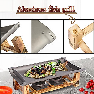 Haofy Alcohol Stove Non-Stick Grill Pan with Wooden Shelf, Ceramic Grill Plate Set for Indoor Outdoor BBQ Roasting Baking, Japanese Barbecue Tool(30CM)