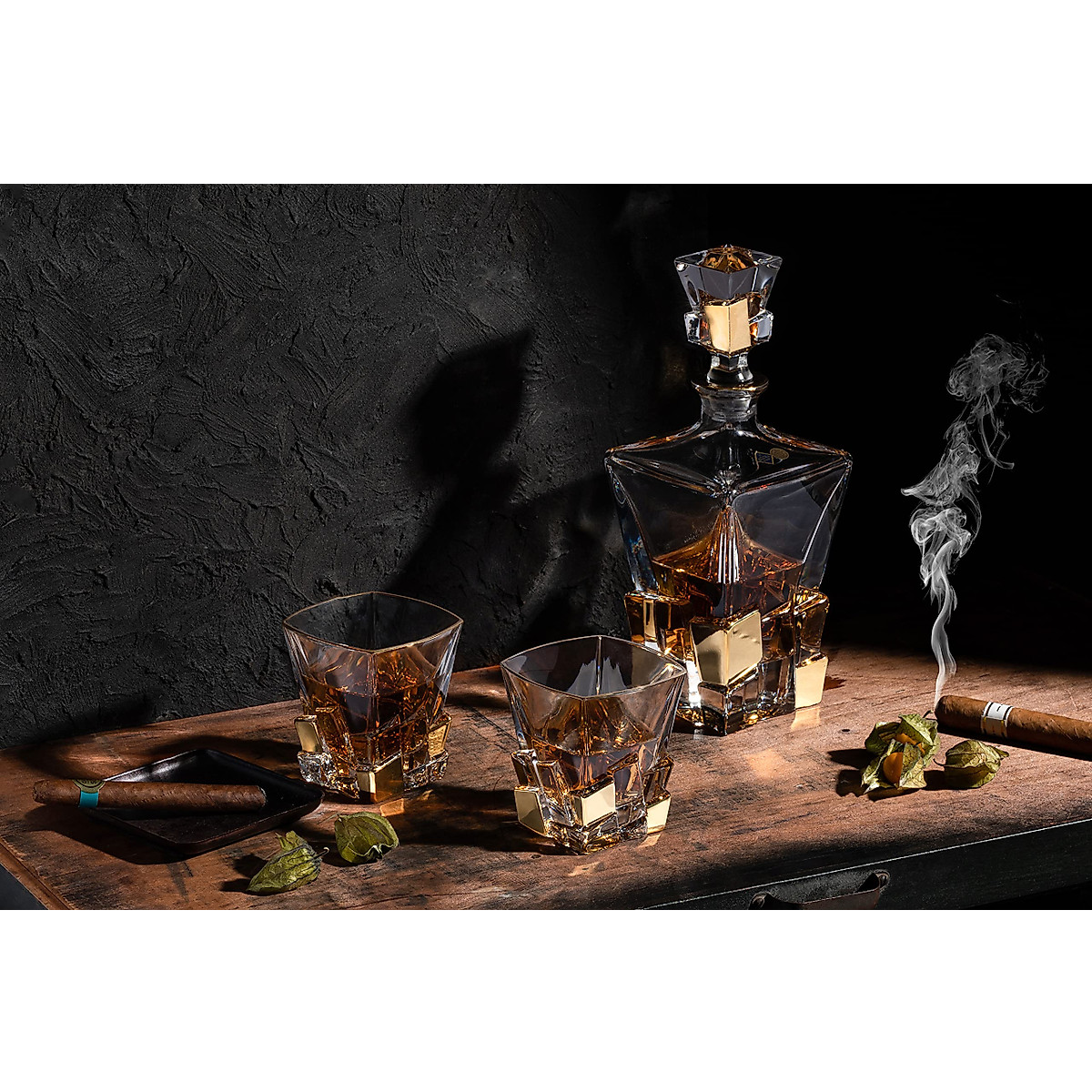 Barski - European Quality Glass - Crystal - Set of 6 - Square Shaped - Double Old Fashioned Tumblers - DOF - 11.7 oz. - with Gold Ice Cubes Design - Glasses are Made in Europe