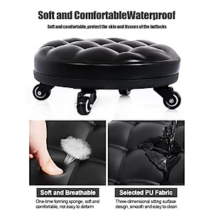 Lanstics Low Roller Seat Wheel Stool Chair PU Leather Rolling Stool Seats on Wheels for Home Office Fitness Round Roller Seat Stool (Black)