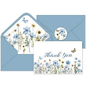 Whaline 24Pcs Blue Wildflower Thank You Cards with Envelopes and Stickers Dusty Blue Flower Greeting Cards Floral Blank Note Cards for Wedding Bridal Baby Shower