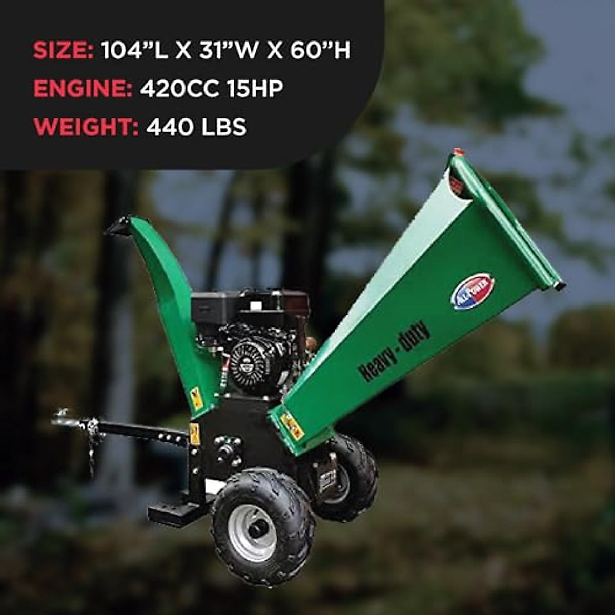 APWC460E Electric Start, Woodchipper Mulcher 16HP JD Engine 460cc Gas Powered Chipper Shredder 2000 RPM Double Edge Blades 6" Feed