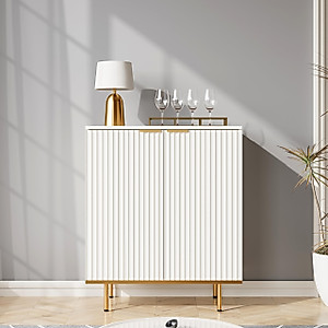 Fluted Sideboard Cabinet, Buffets & Sideboards, 2 Door Design, Elegant White Sideboard - Acceent Cabinet Ideal for Dining Room and Kitchen Storage 31.4 INCH