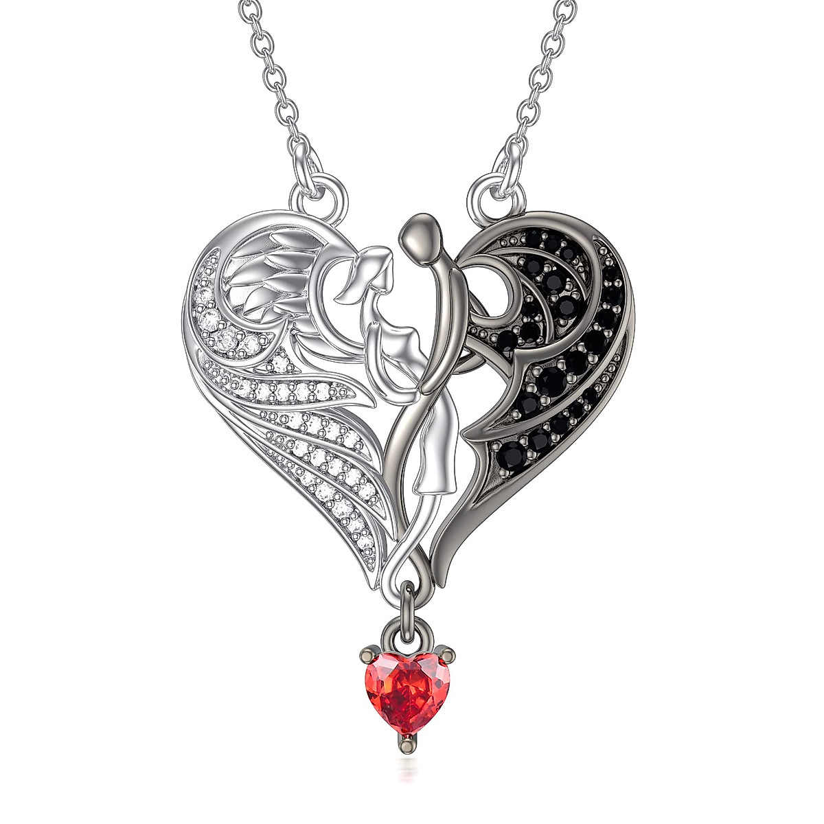Seiyang Angel & Devil Necklace, 925 Sterling Silver Angel Demon Hugs Asymmetrical Necklace Inlaid with Red Heart Crystal on Anniversary, Holiday, Birthday Gifts for Girlfriend Women