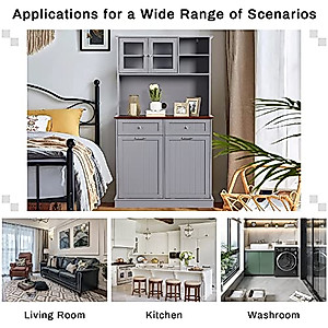 YOCONYO Double Tilt Out Trash Cabinet Storage Cabinet 20 Gallon with Two Solid Wood Hideaway Trash Holder Drawers, Dual Wooden Free Standing Recycling Cabinets Trash Can Bin Kitchen (Gray)