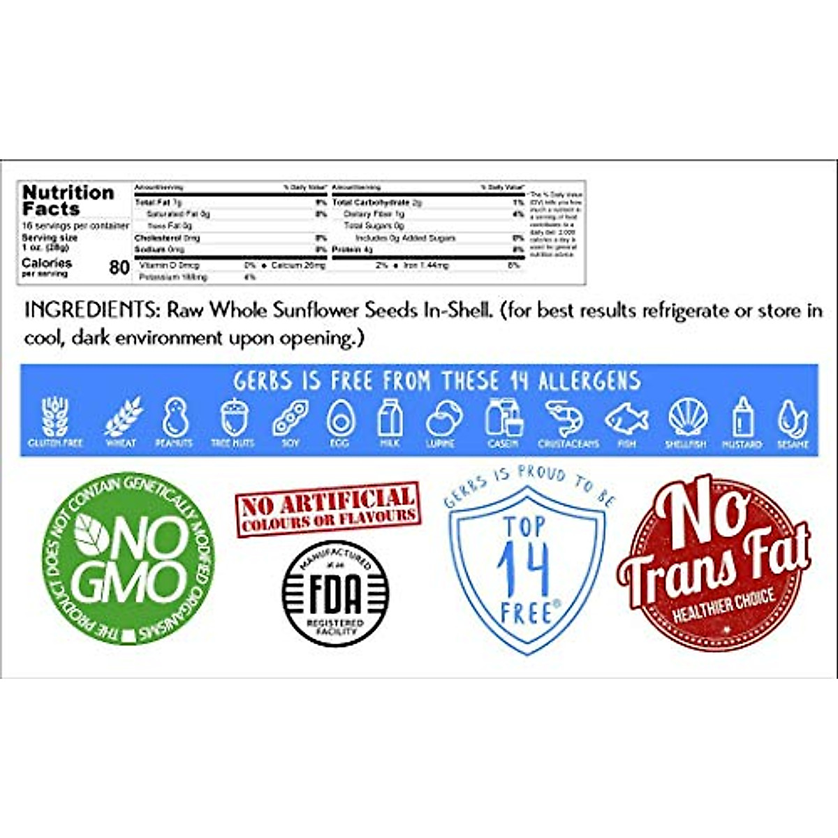 GERBS Raw Whole Sunflower Seed In Shell 1 lb., Top 14 Allergy Free Foods, Healthy Superfood Snack, Non GMO, No Oils, No Preservatives, Resealable Bag, Gluten Free, Peanut Free, Vegan, Keto, Kosher