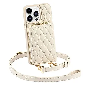 LAMEEKU Compatible with iPhone 14 Pro Wallet Case, Card Holder Case for Women Crossbody Purse Case Quilted Leather for Women RFID Case Compatible with iPhone 14 Pro, 6.1 Inch-Beige (2022)
