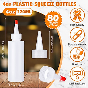 Nuenen 80 Pieces 4 oz Squeeze Bottle with Cap Squeeze Condiment Bottles for Sauces Ketchup Liquids Paint Clear Empty Refillable Plastic Squirt Bottles with Red Tip Cap