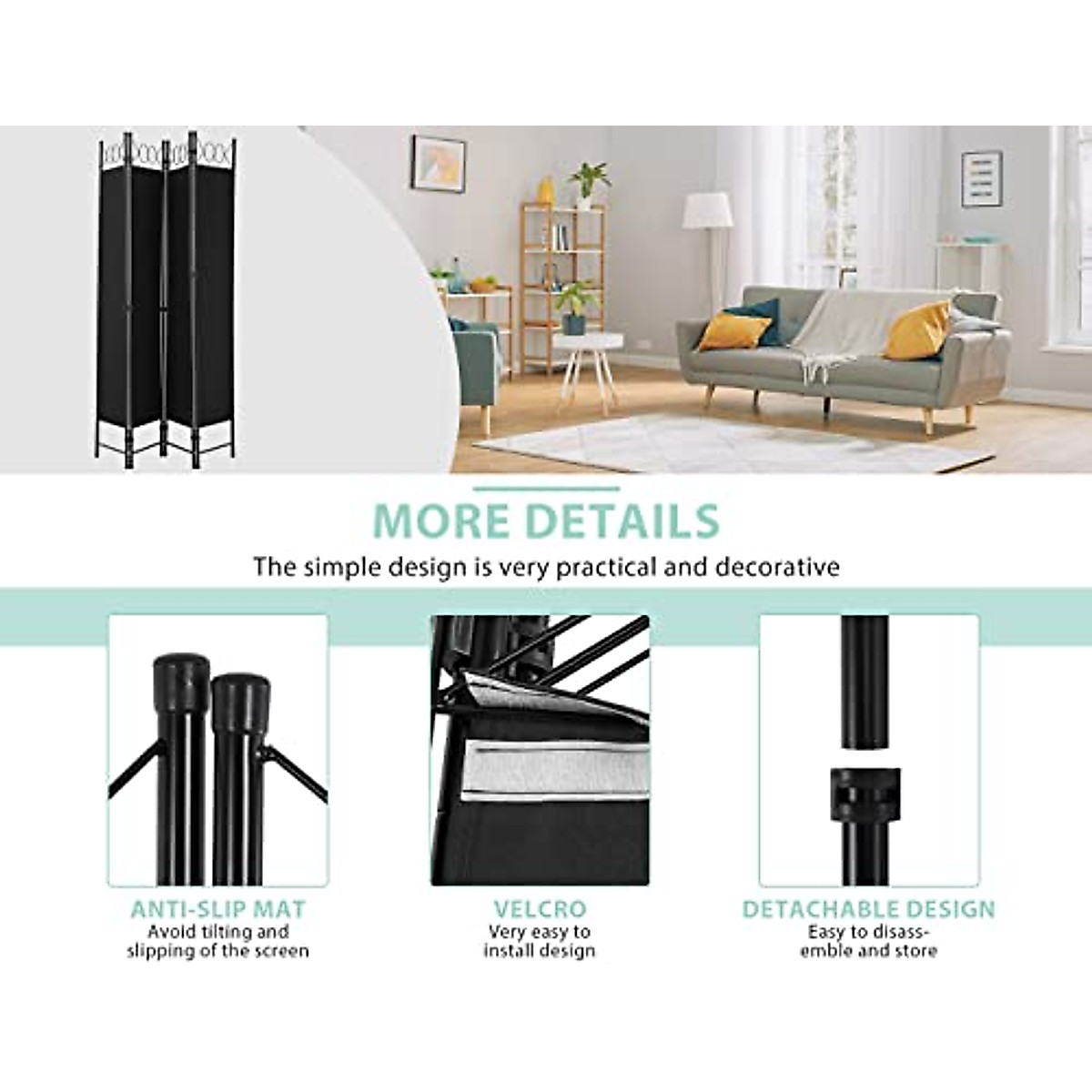 4 Panel, 6FT Room Dividers and Folding Privacy Screens, Freestanding Room Dividers with Steel Frame for Home Office Dorm Hotel Separation, Portable Wall Divider for Room Separation