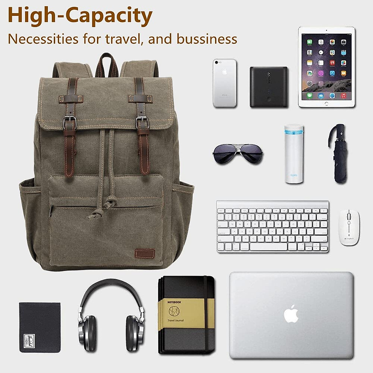 JIELV Canvas Vintage Backpack,Mens Travel Rucksack,Casual Daypack Bookbag for Laptop School College Hiking(Army Green)