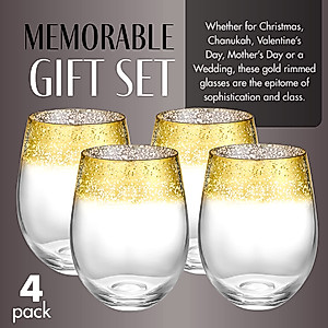 Kitchen Lux 18 oz Gold Rimmed Wine Glass - Unique Stemless Wine Glasses Set of 4 - Accented Rim - Large Gold Drinking Glass Cocktail Tumblers - Deluxe Glassware Gift Box for Christmas, Dishwasher Safe