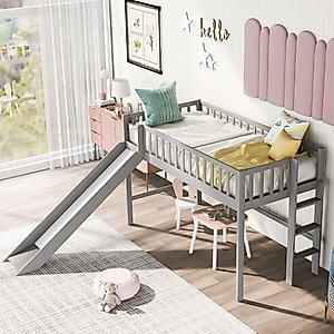 Merax Twin Wood Junior Low Loft Bed Frame with Slide Loft Bed with Full Length Guardrails for Kids Girls Boys,Gray