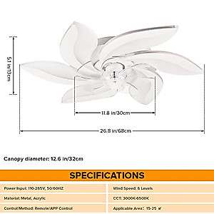 Matalde Modern Ceiling Fan with Lights Remote Control, Bladeless Ceiling Fan with 3 Color Dimmable LED Light, 6 Gear Wind Speed Flush Mount Smart Ceiling Fan Light for Bedroom