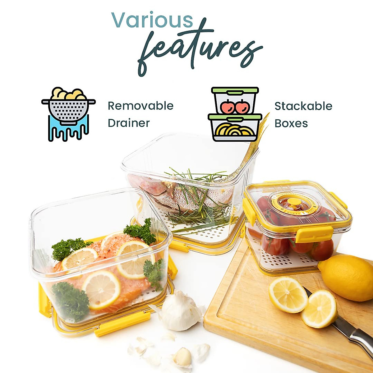 DMagazi Fruit Storage Containers for Fridge | 3 Set Fruit and Vegetable Storage Containers for Organizing with Strainer | Stackable Food Storage Containers With Lids Airtight