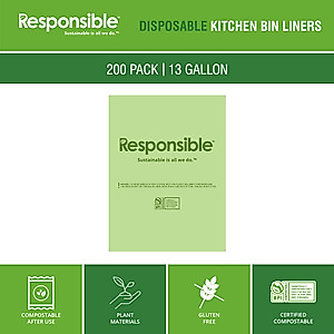 Compostable Tall Kitchen Trash Bags 13 Gallon - Heavy Duty Multipurpose Bin Liners for Food Scraps, Yard Waste & Compost (200 Count)