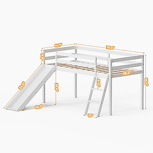 TOLEAD Low Loft Bed with Slide, Wood Twin Loft Bed Frame with Climbing Ladder & Storage Space for Kids Toddler (White)