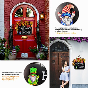 16 Inch Seasonal Welcome Sign Wreaths for Front Door with 12 Holiday Gnomes Interchangeable,Fall Decor Hanging Porch Door Signs,DIY Long Maple Garland (Black)