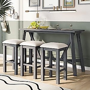 Merax 4-Piece Bar Table Set with USB Port and 3 Fabric Padded Stools w/Footrest, Rustic Bar Dining Set