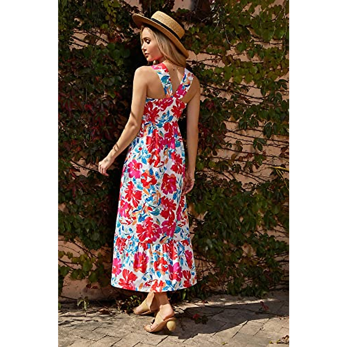 2023 Women's Summer Halter Neck Flowy A Line Floral Maxi Long Dresses Multicolor S