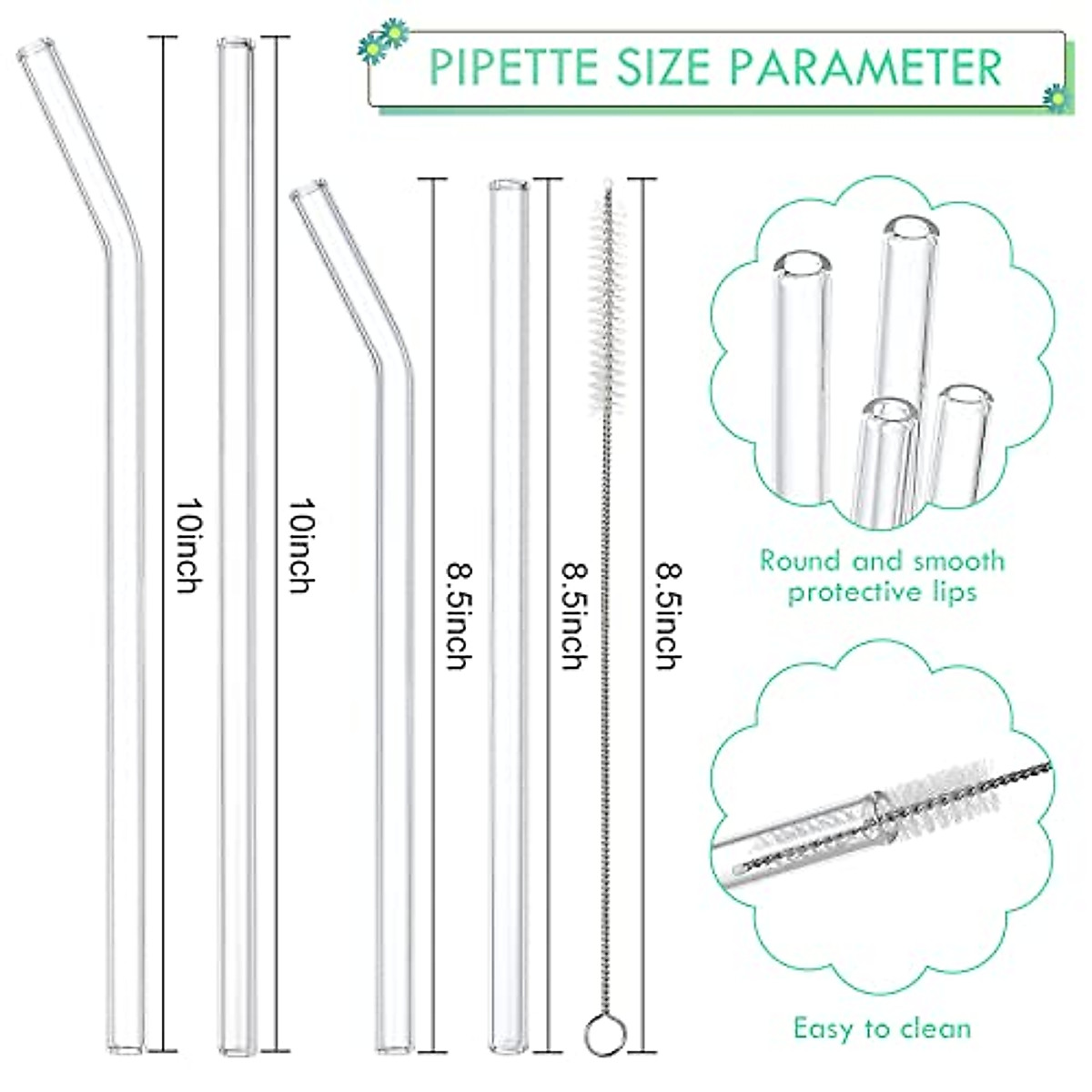 Panleding 16 Pack Reusable Glass Straws, Size 10''x10MM and 8.5''x10MM Each Including 4 Straight and 4 Bent, Clear Glass Drinking Straw with 4 Cleaning Brushes Perfect for Juice, Smoothies, Cocktail