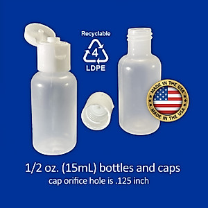 510 Central Mini Squeeze Bottles (1/2oz, 6 Pack) Boston Round with Snap Top Caps - LDPE Plastic - Made in USA