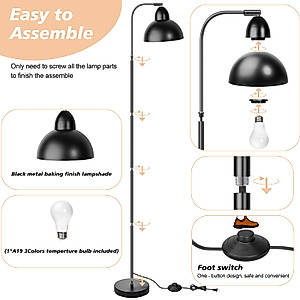 Feathmoo Industrial Floor Lamp with Black Metal Lampshade Floor Lamps for Reading, Minimalist Standing Lamps LED Light with 350° Adjustable Standard Tall Sofa Lamp for Living Room, Bedroom, Office