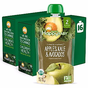 Happy Baby Organics Stage 2 Baby Food Pouches, Gluten Free, Vegan & Healthy Snack, Clearly Crafted Fruit & Veggie Puree, Apples, Kale & Avocados, 4 Ounces (Pack of 16)
