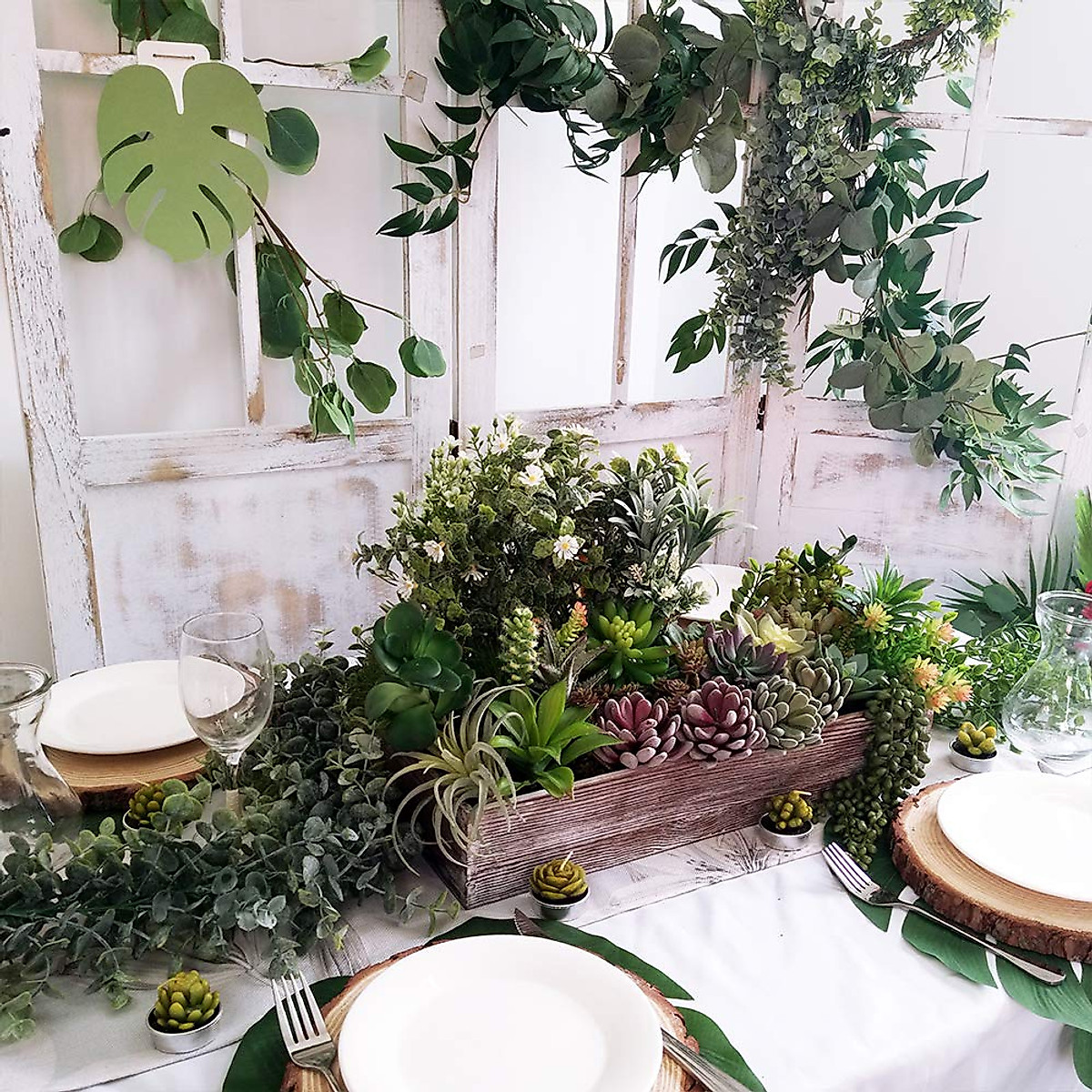 1 Pcs Wood Planter Box Rectangle Whitewashed Wooden Rectangular Planter Decorative Rustic Wooden Box with Inner Plastic Box - 17.3" L x 7.8" W x 3" H Floral Natural Centerpieces Rustic Wedding Decor