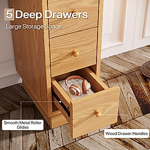 Tribesigns 5-Drawer Dresser, Wood Narrow Dresser for Bedroom, Tall Skinny Dresser Chest of Drawers, Slim Storage Drawers Organizer Lingerie Chest for Small Spaces, Bathroom, Closet, Oak