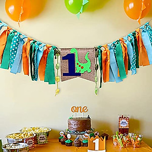 PhantomSky Baby Boy's & Girl's1st Birthday Burlap Banner 1st Birthday Party Decorations for Rag Tie Fabric Garland Cake Topper Hat Crown Burlap Highchair Banner Baby Shower Photo Props(Dinosaur)