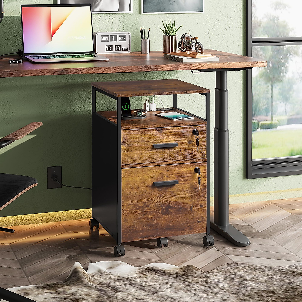 DEVAISE 2 Drawer File Cabinet, Mobile Printer Stand with Open Storage Shelf, Wood Filing Cabinet fits A4 or Letter Size for Home Office, Rustic Brown