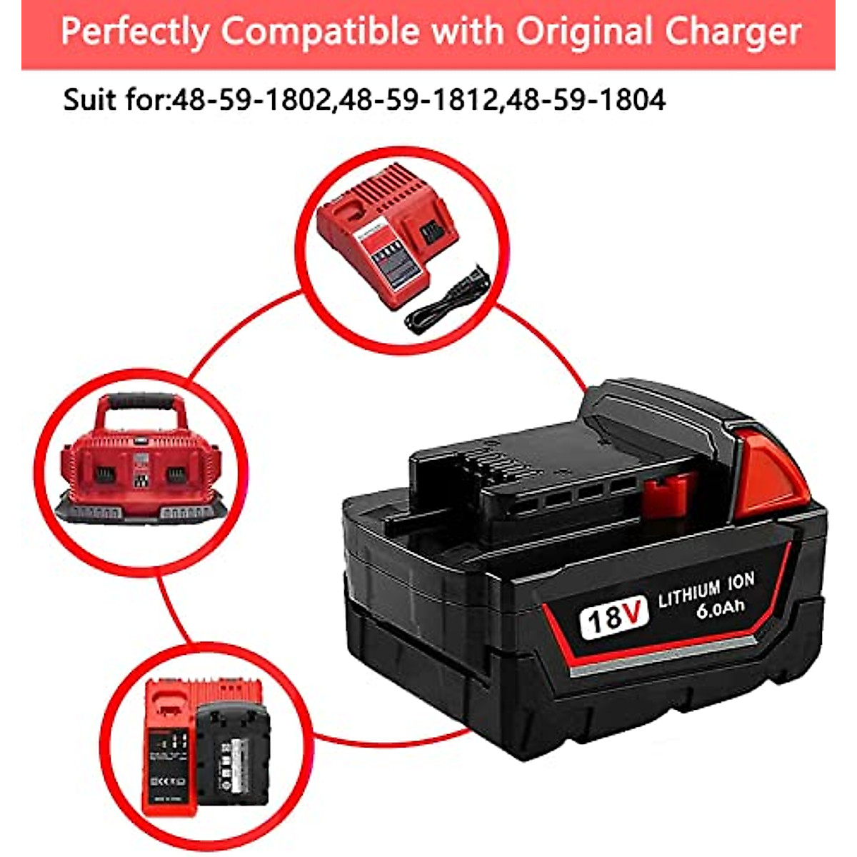 BATTOOL 【Upgrade】 6.0Ah 18V Battery Replacement for Milwaukee M18 Battery 48-11-1810 48-11-1820 48-11-1850 48-11-1828 48-11-1860 High Capacity Battery XC Lithium Ion Cordless Power Tool Battery