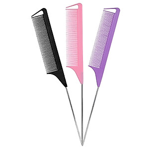 Rat Tail Combs Hair Combs :3Pack Parting Comb,Fine Tooth Comb,Tail Comb,Metal Long Steel Pin Rat Tail Comb,Combs for Women，Professional Hair Salon Quality Styling Combs(Black|Purple|Pink）