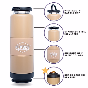 FLPSDE Water Bottle with Snack Compartment, Drink & Snack Cup Combo, 20oz Stainless Steel Water Bottle with 7oz Snack Container, Snack Storage, Dual Chamber Water Bottle