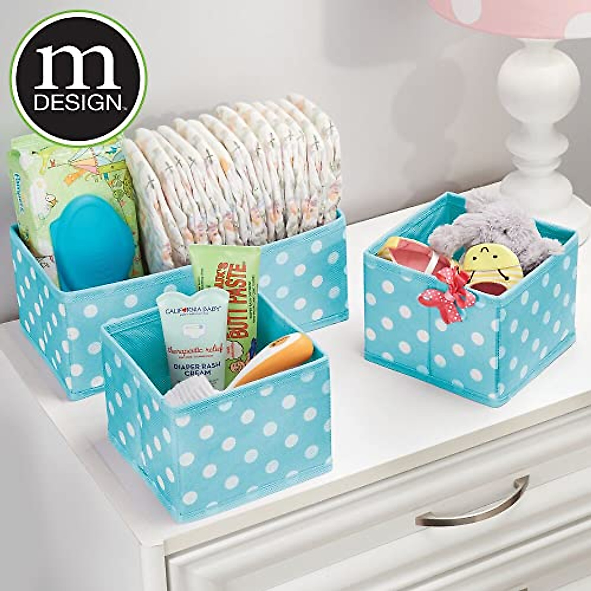 mDesign Soft Fabric Polka Dot Dresser Drawer and Closet Storage Organizer, Bin for Child/Kids Room, Nursery, Playroom, Bedroom, 12 Pack - Turquoise Blue/White