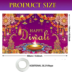 Aovaely Happy Diwali Backdrop Banner Decorations for Home Wall Hanging, Indian Festival of Lights Decorations, Diwali Photo Booth Props Background for Indian Diwali Party Supplies 6.2 x 3.7 ft