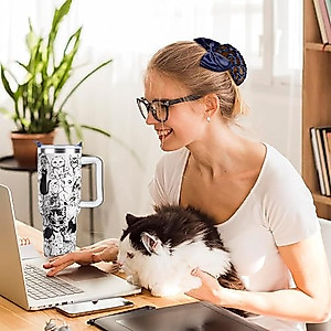 Mindunm 40 oz Cute Cat Tumbler with Handle and Straw Lid cat gifts for cat lovers for Women Double Insulated Cup Travel Coffee Mug