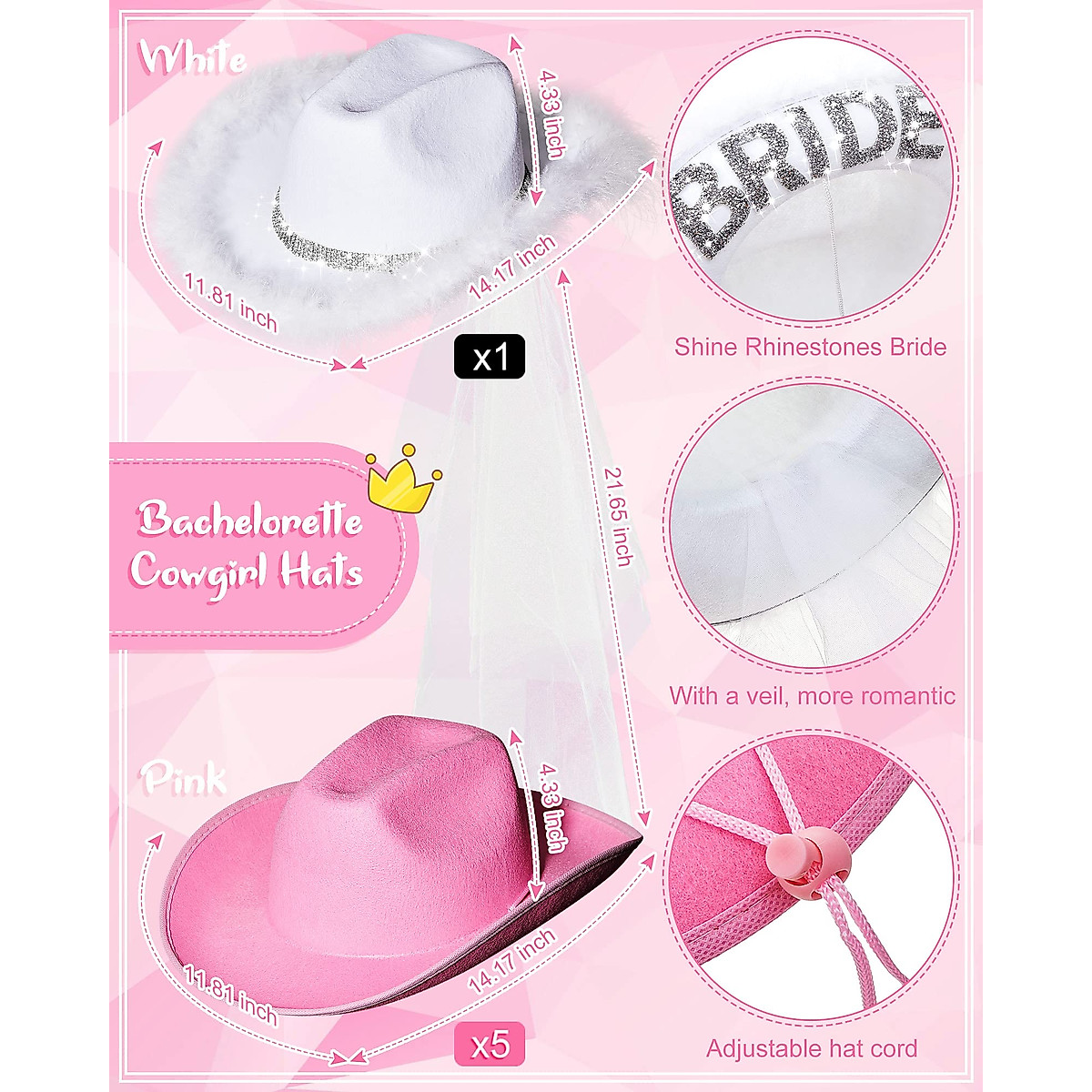 Jecery Bachelorette Party Set: Bride Cowgirl Hat with Veil, 5 Pink Hats, 6 Heart Sunglasses, and 6 White & Pink Bandanas for Last Rodeo