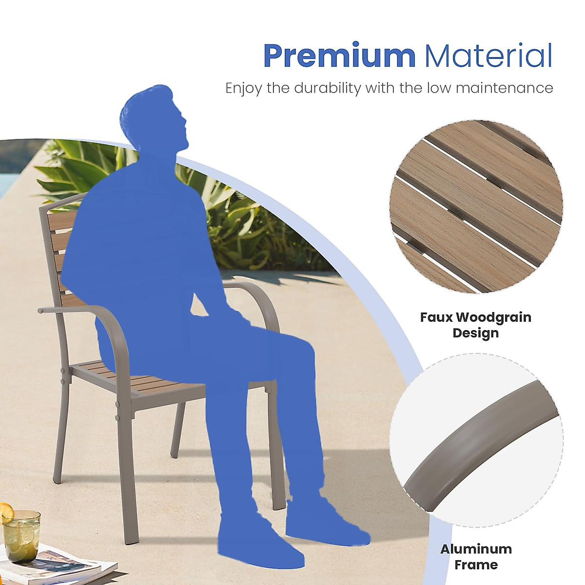 SUNSITT 7 Piece Outdoor Dining Set for 6, Aluminum Patio Dining Furniture Set with 59” Rectangle Dining Table & 6 Stackable Patio Chairs, Outdoor Table and Chairs w/Faux Wood Grain, Teak Wood Color