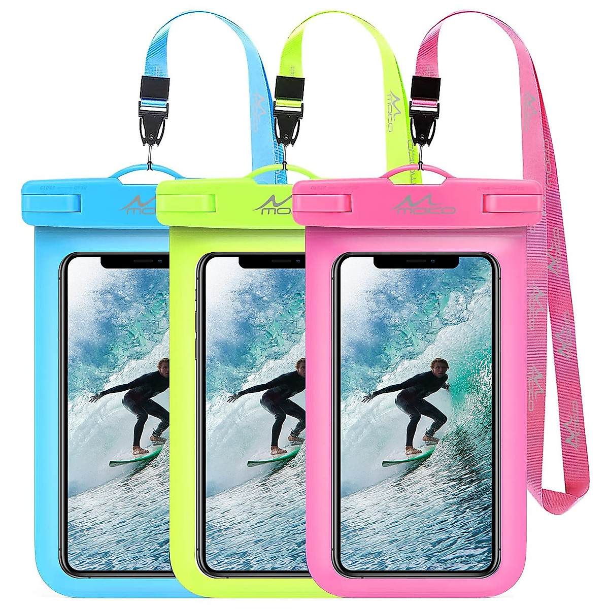 MoKo Waterproof Phone Pouch Holder [2 Pack], Underwater Phone Case Dry Bag with Lanyard Compatible with iPhone 14 13 12 11 Pro Max X/Xr/Xs Max/SE 3, Samsung S21/S10/S9/S8 Plus, Blue+Green+Pink