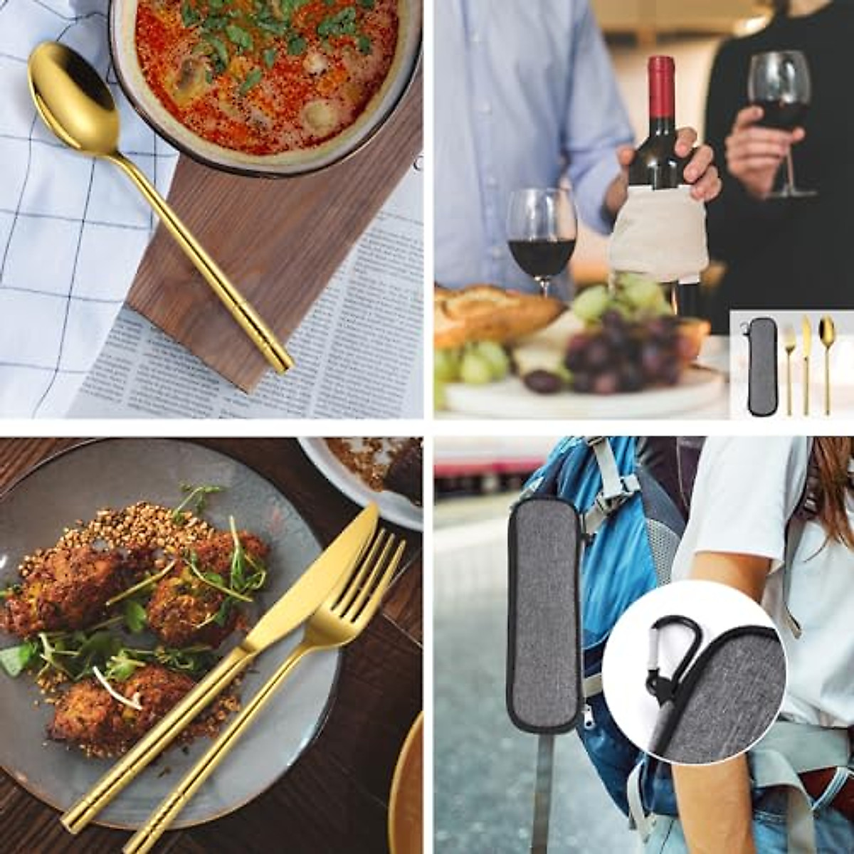 AARAINBOW Portable Travel Utensils with Case, 3 Pcs Heavy Duty Stainless Steel Cutlery Set Reusable Flatware Personal Silverware Set Include Fork Spoon Knife for Office Camping Picnic (Golden)