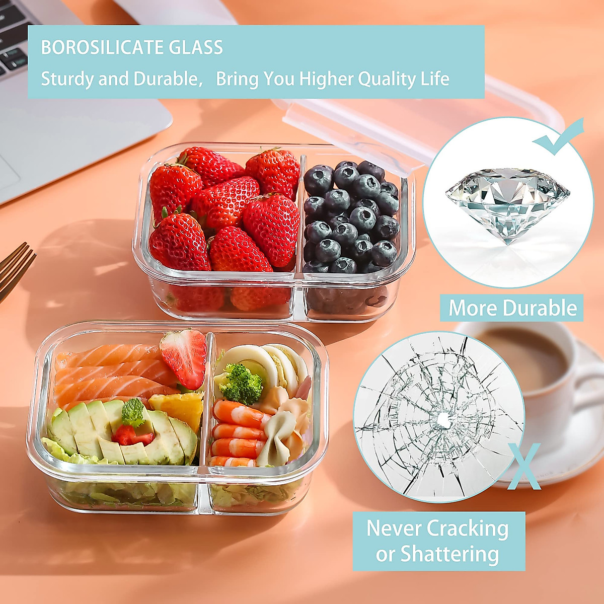 Bayco 10 Pack Glass Meal Prep Containers 2 Compartment, Glass Food Storage Containers with Lids, Airtight Glass Lunch Bento Boxes, BPA-Free & Leak Proof (10 lids & 10 Containers) - Grey