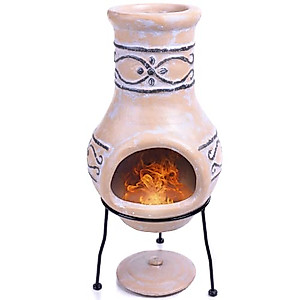 Wiosi Small Chiminea Outdoor Fireplace – Wood Burning Clay Chiminea with Protective Chimney Rain Lids and Solid Metal Stands - Terracotta Chimenea for Patio, Garden – Rustic Fire Pit Chimnea Chimney