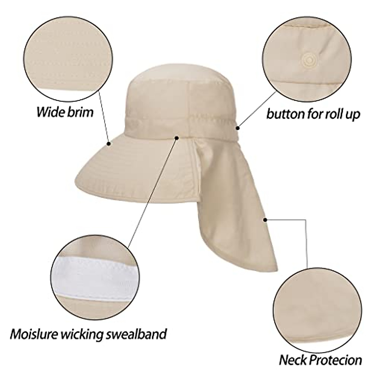 Outdoor Fishing-Hat Summer Sun-Hats for Women - Wide Brim UPF 50+ Fishing Hat UV Protection Hiking Hat with Neck Flap Cap Beige