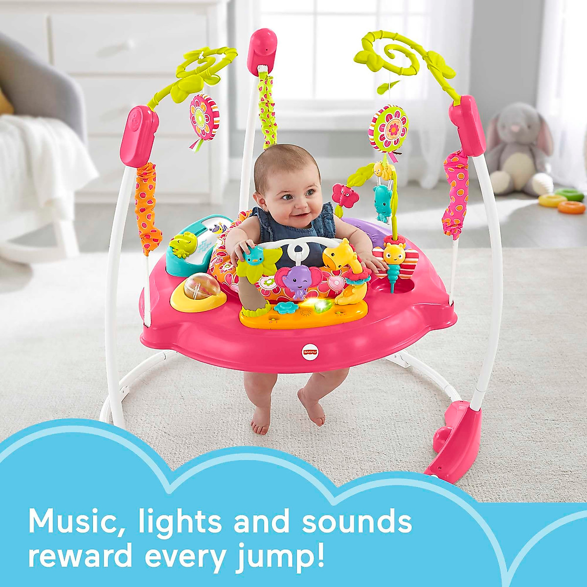 Fisher-Price Baby Bouncer Pink Petals Jumperoo Activity Center with Music Lights Sounds and Developmental Toys