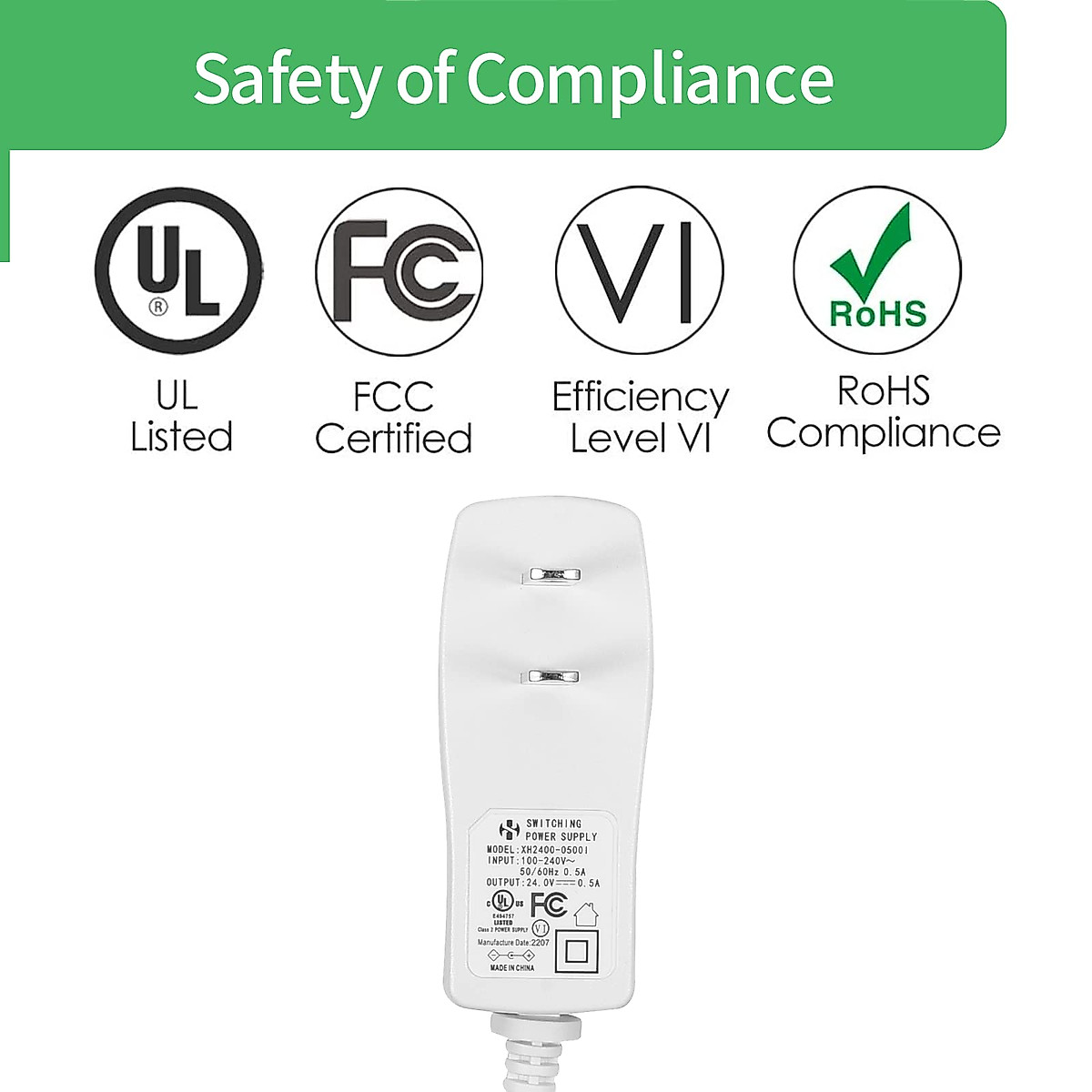 Secckuty DC 24V 500mA 0.5A Power Supply Adapter for Room Humidifier and Oil Diffuser, Replacement Power Adatper for Air purifiers,5.5 * 2.1mm Tip 5.9FT/1.8M Power Cord,UL Listed