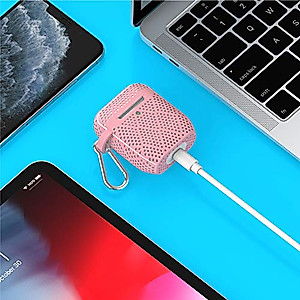 TALK WORKS AirPods Case Cover with Keychain - Protective Hard Silicone Skin for AirPods Keychain Case Clip Carabiner Wireless Charging Compatible with Apple Air Pod Carrying Case Series 1 & 2 - Pink