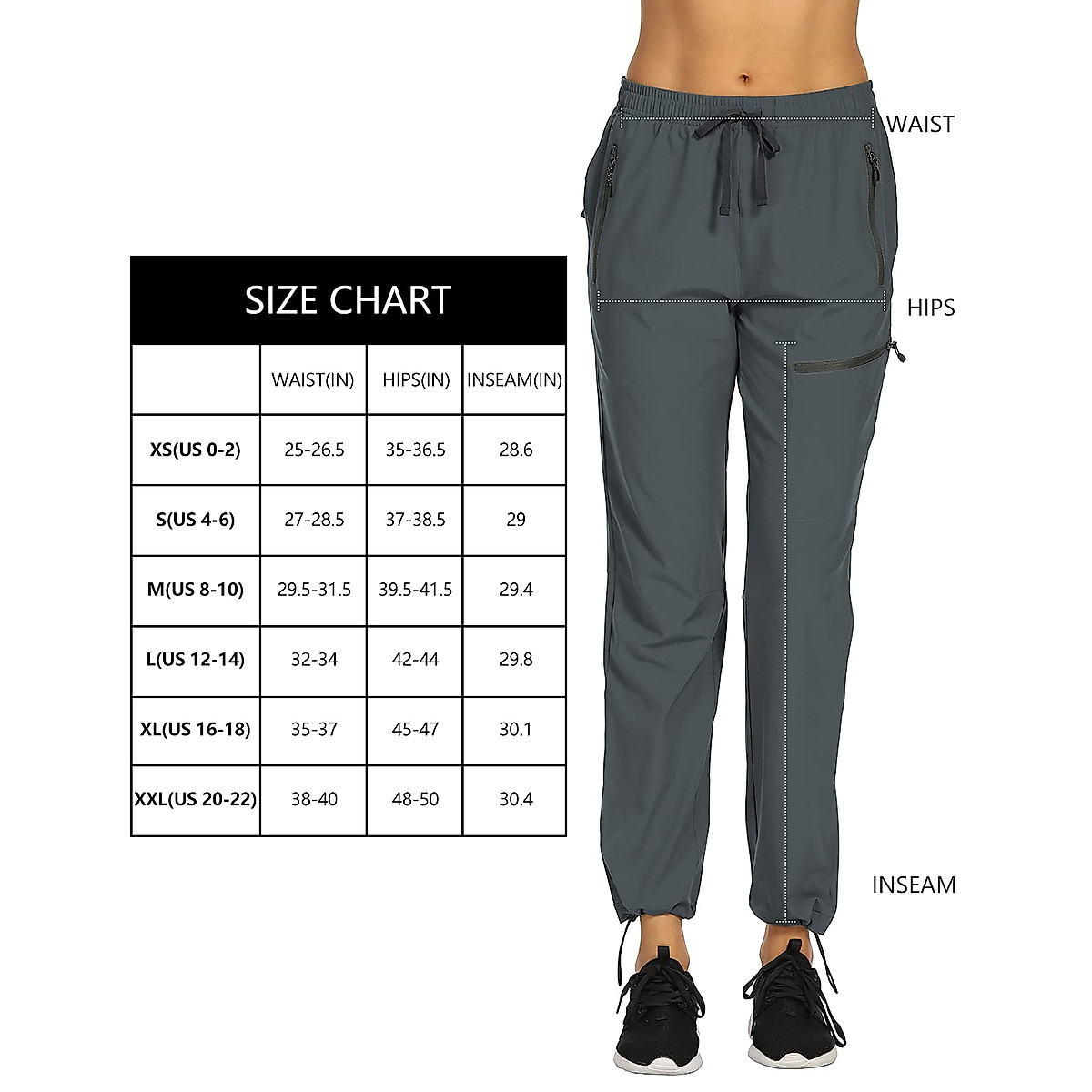 Xtansuo Women's Hiking Fishing Pants Lightweight Trail Camping Water Resistant Elastic Waist Quick Dry UPF 50 Outdoor UV Running Drawstring Climbing Mountain Jogger with Zipper Pocket Black M