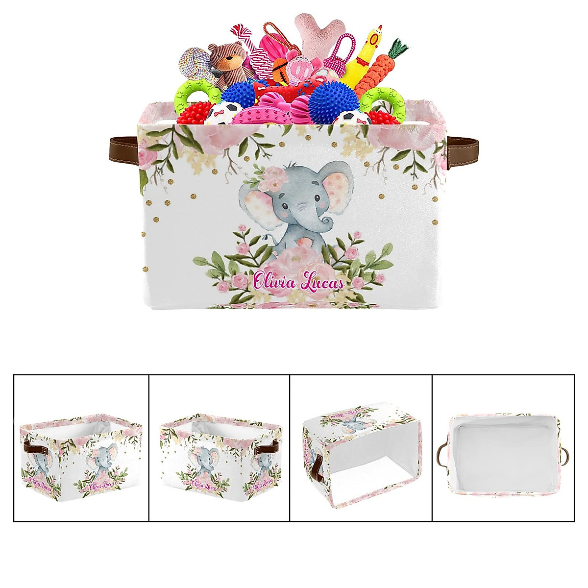 Rose Floral Elephant Personalized Storage Basket,Custom Storage Bins Cubes Organizer with Handle for Bedroom Wardrobe,Nursery,Basket 1 Pack